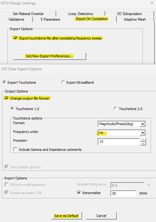 How to change the default frequency unit while exporting the S-parameters matrix in HFSS?