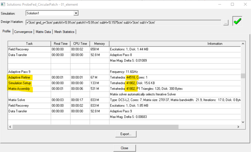 Mesh Sizes Listed in HFSS Solution Profile