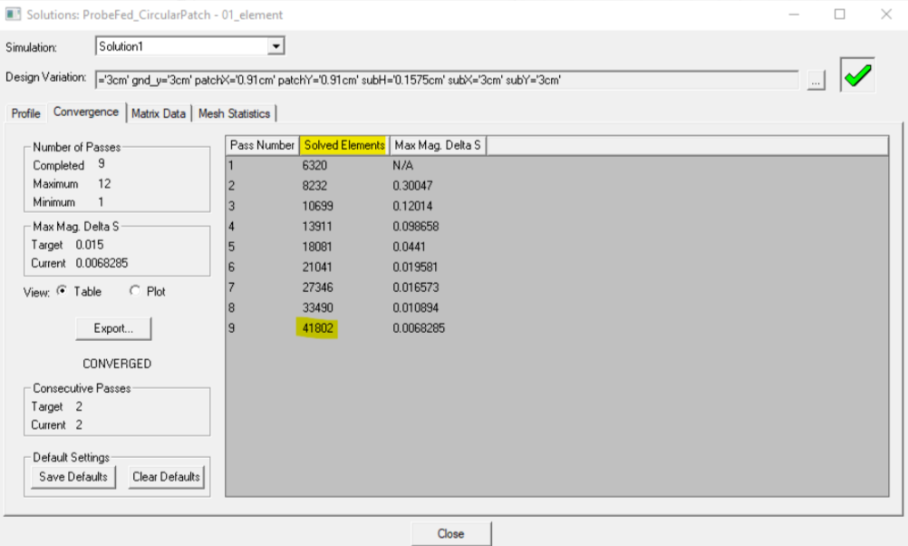 Mesh Sizes Listed in HFSS Solution Profile