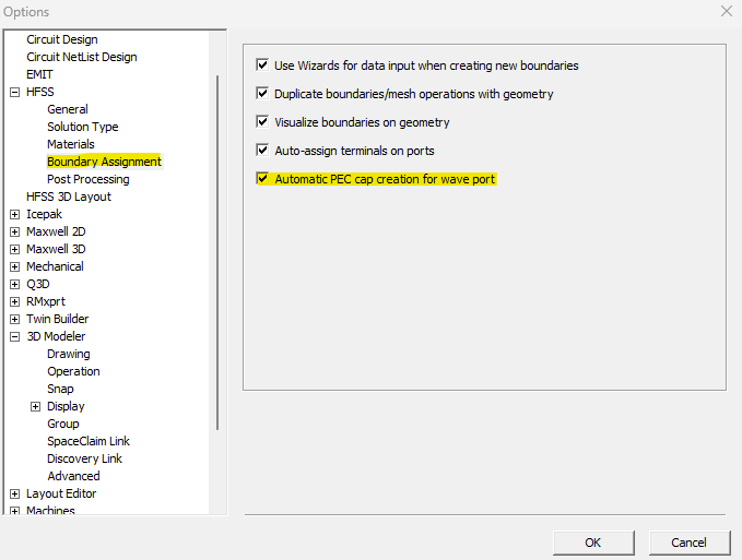 How to enable automatic PEC creation on modal wave ports in HFSS
