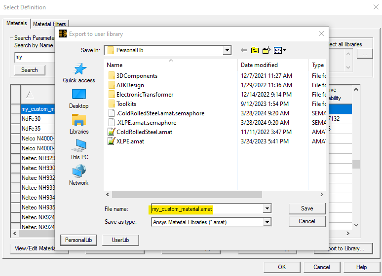 How to save custom materials for use in multiple HFSS projects