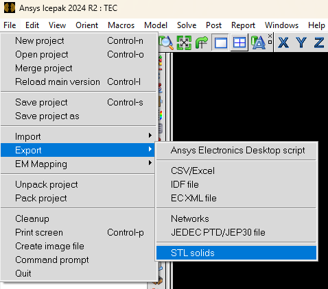 How do I export a model as a STL file from Ansys Icepak?